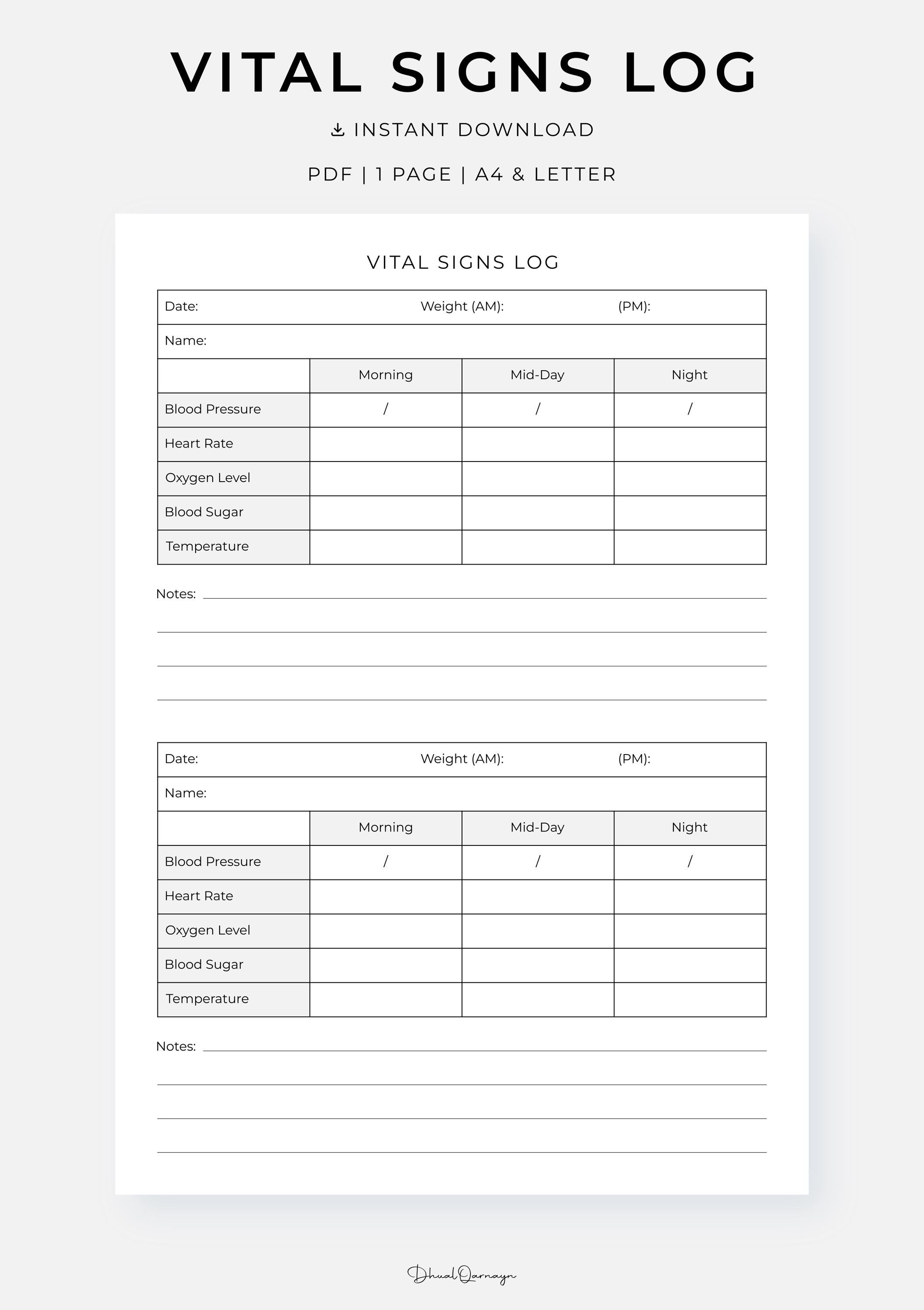 Vital Signs Log Printable PDF, Perfect for Tracking Heart Rate ...