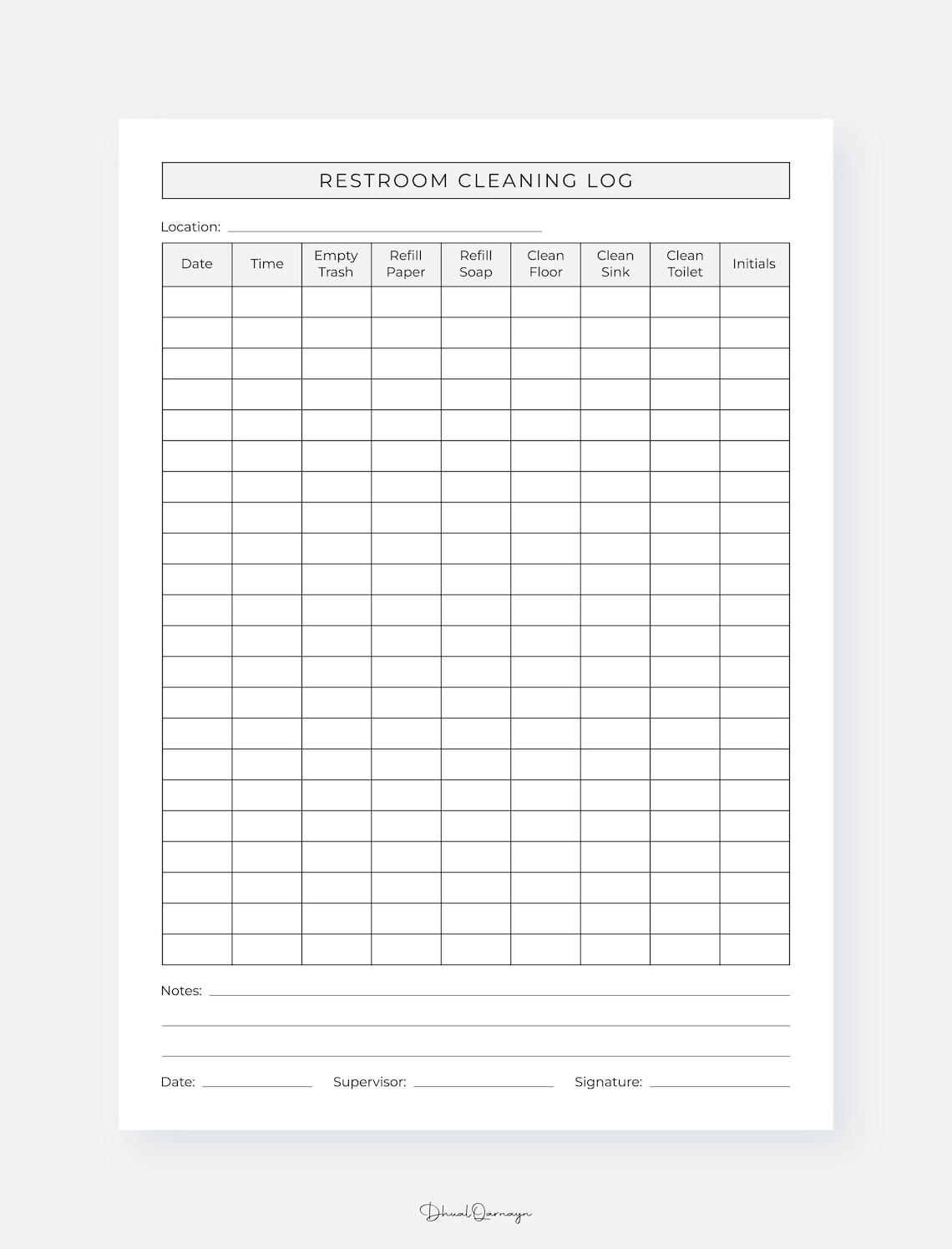 Restroom Cleaning Log, Bathroom Checklist for Home, Office, Cafes ...