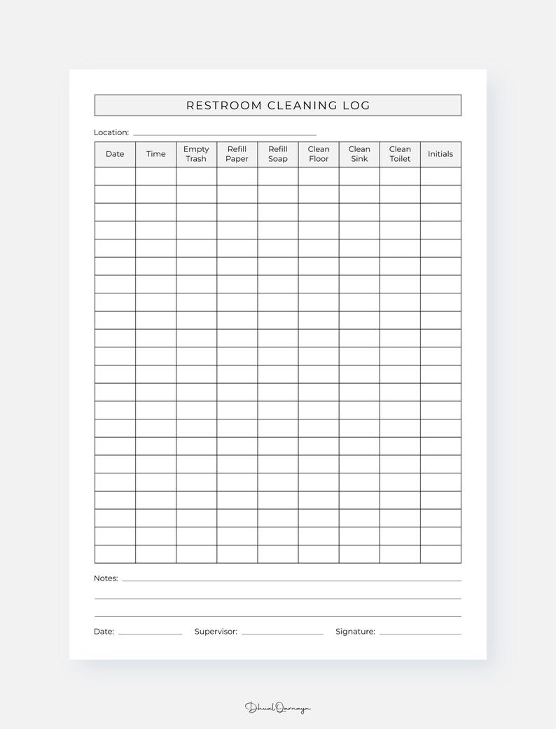 Restroom Cleaning Log, Bathroom Checklist for Home, Office, Cafes ...