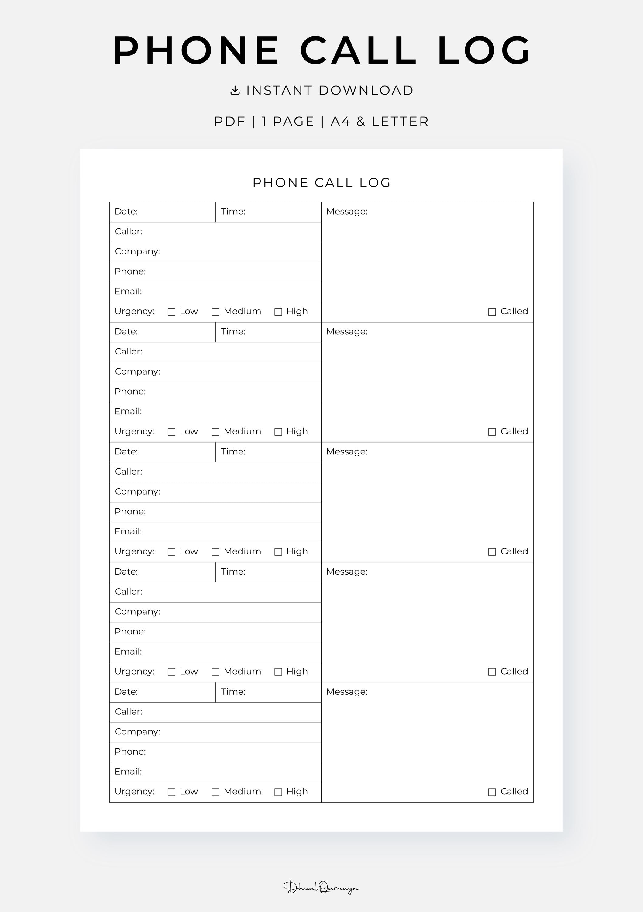 Phone Call Log Printable PDF, Telephone Message Log for Office ...
