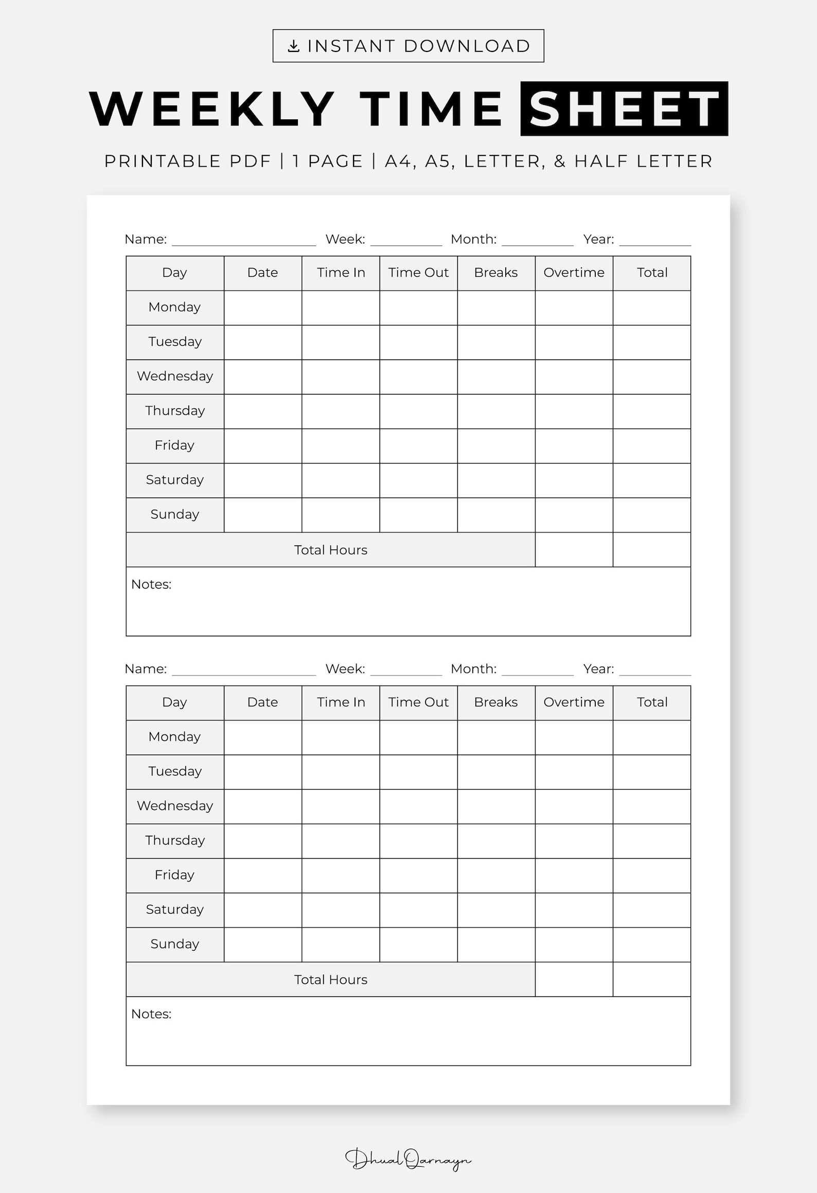 Weekly Time Sheet Log Printable PDF, Weekly Employee Time Sheet, Work ...
