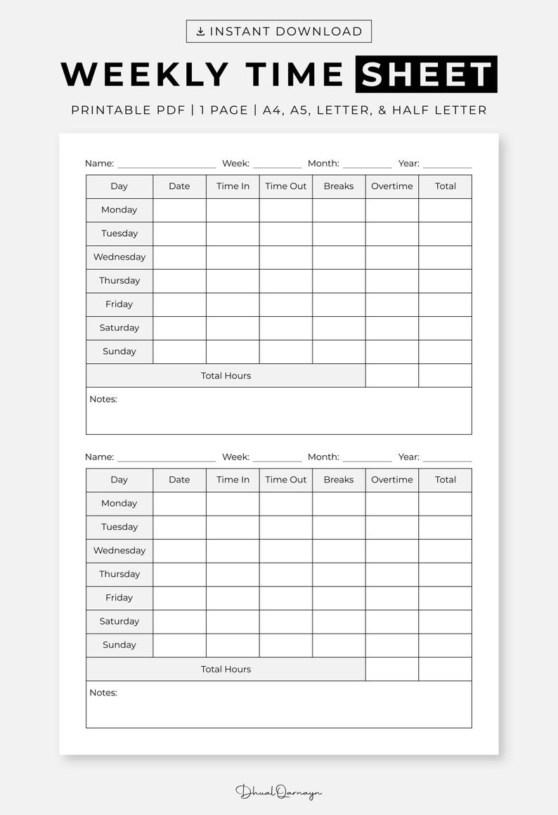 Weekly Time Sheet Log Printable PDF, Weekly Employee Time Sheet, Work ...