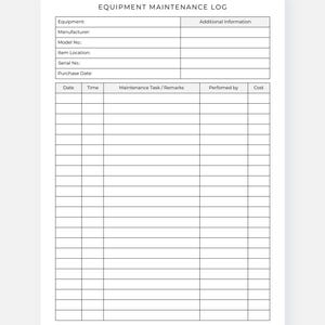 Printable Equipment Maintenance Log for Repairs, Service, & Daily ...