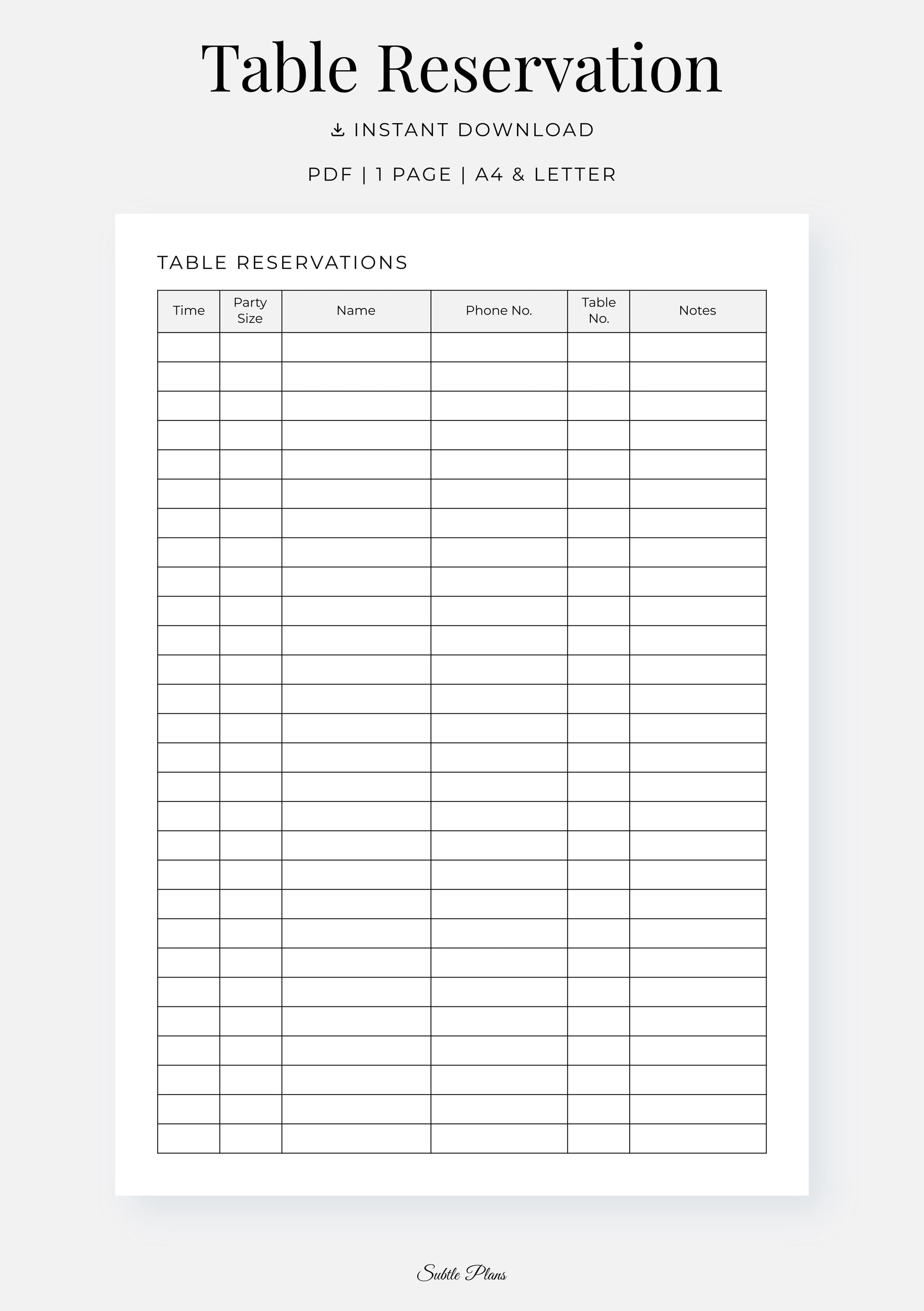 Table Reservation Printable, PDF, A4, US Letter, Instant Download - Etsy