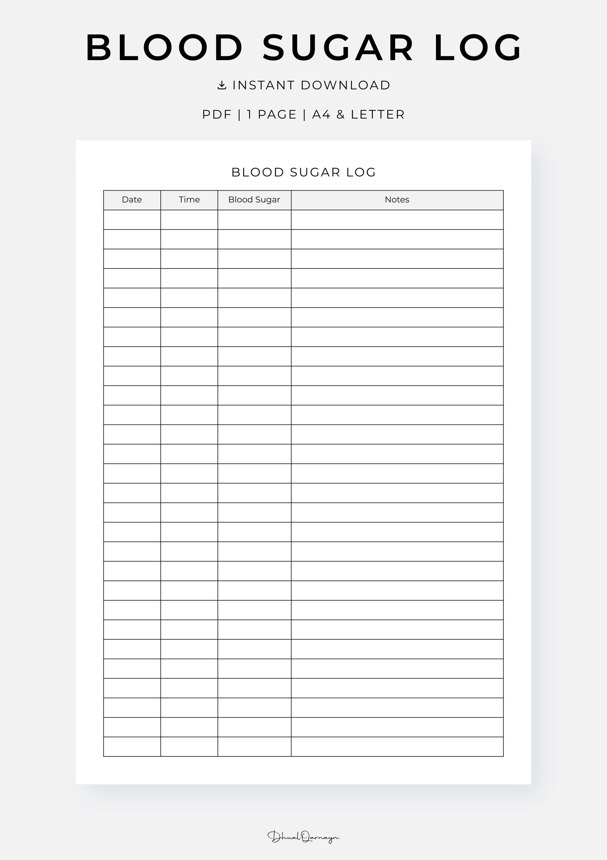 Blood Sugar Log, Printable Blood Sugar Tracker, Diabetic Tracker, PDF ...