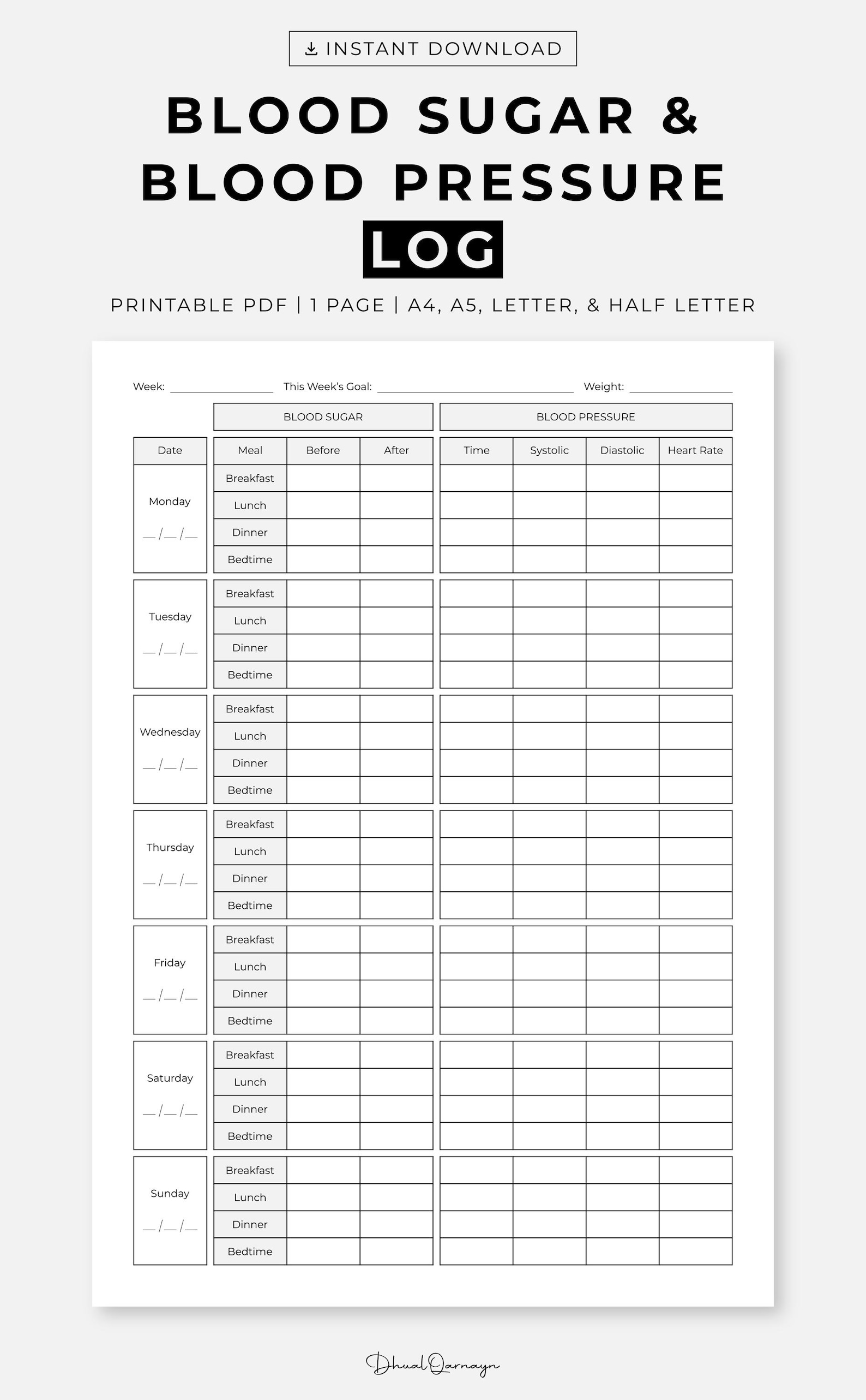 Blood Sugar & Blood Pressure Log Printable PDF, 2 in 1 Diabetes and ...