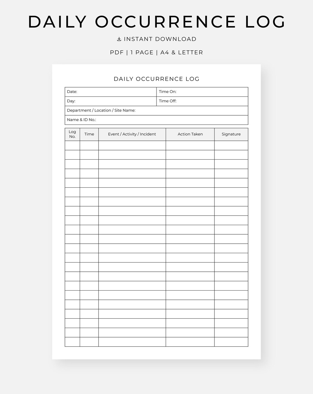 Daily Occurrence Log, Events & Incident Report Sheet, PDF, A4, Letter ...