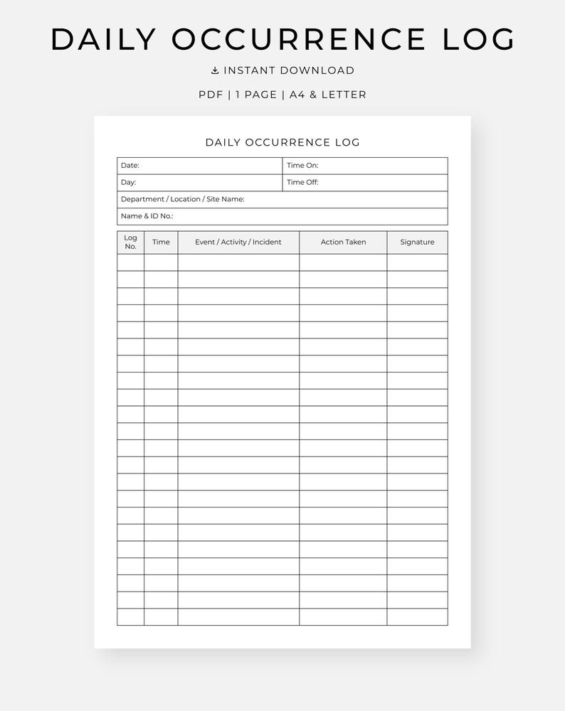 Daily Occurrence Log, Events & Incident Report Sheet, PDF, A4, Letter ...