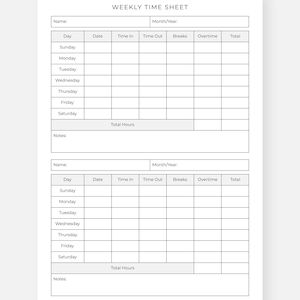 Weekly Time Sheet, Work Hours Log, (A4, Letter) Instant Download - Etsy