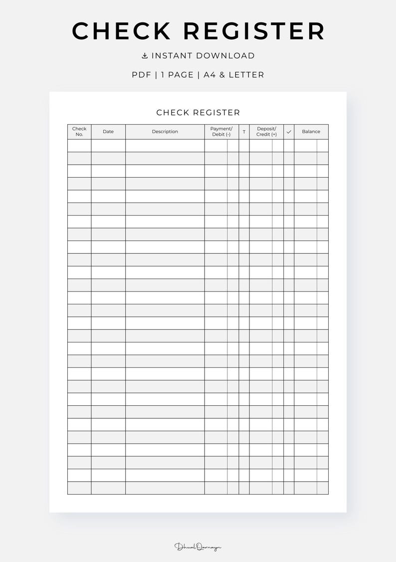 Check Register, Printable Checkbook Register, PDF, A4/letter, Instant ...