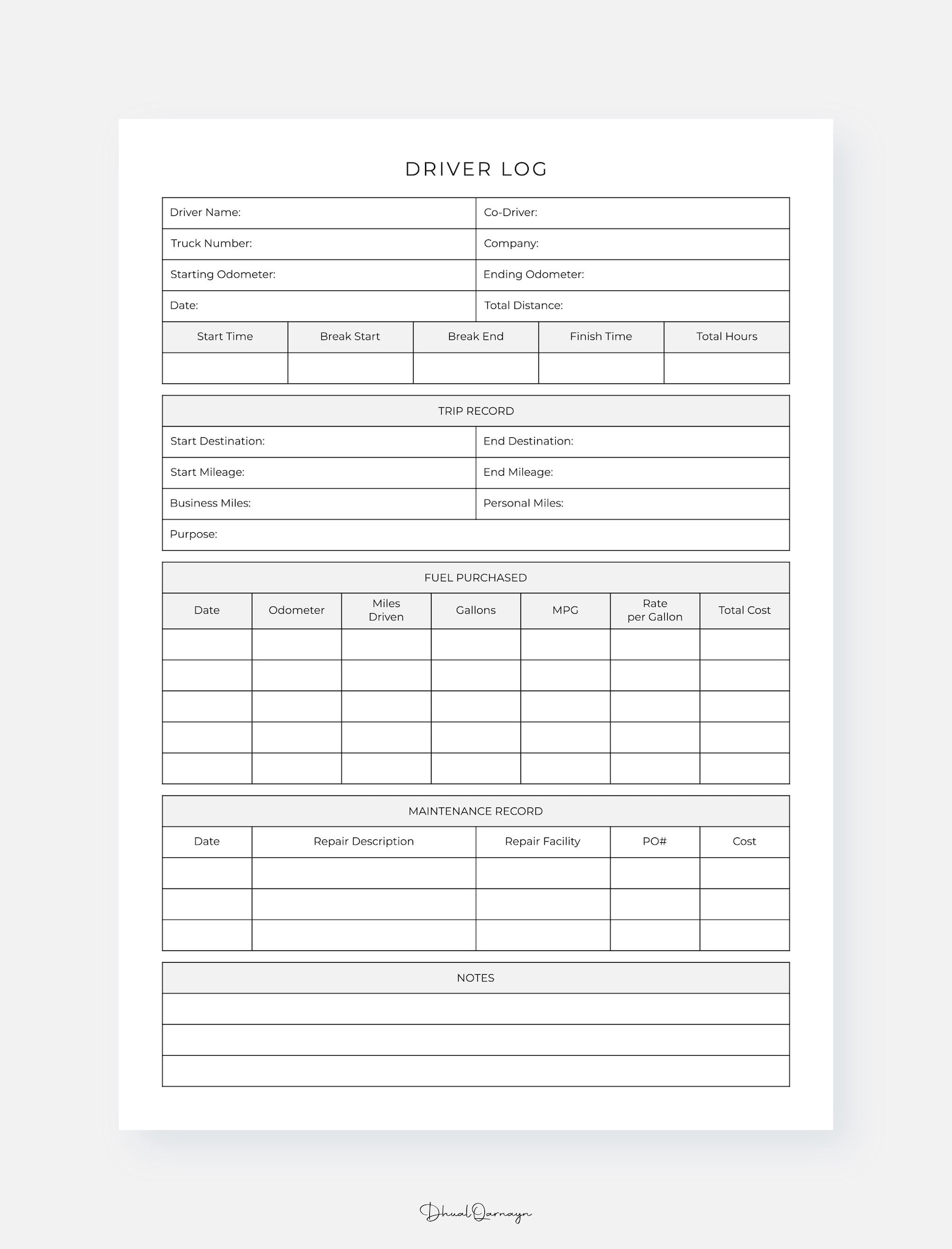 Printable Daily Driver Log, Track Vehicle Details, Trip, Fuel Purchase ...