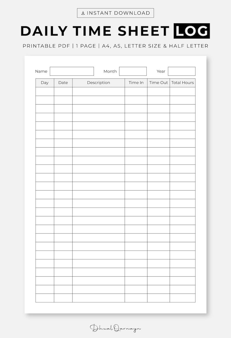 Daily Time Sheet Log Printable, Work Hours Tracker, Employee Time ...