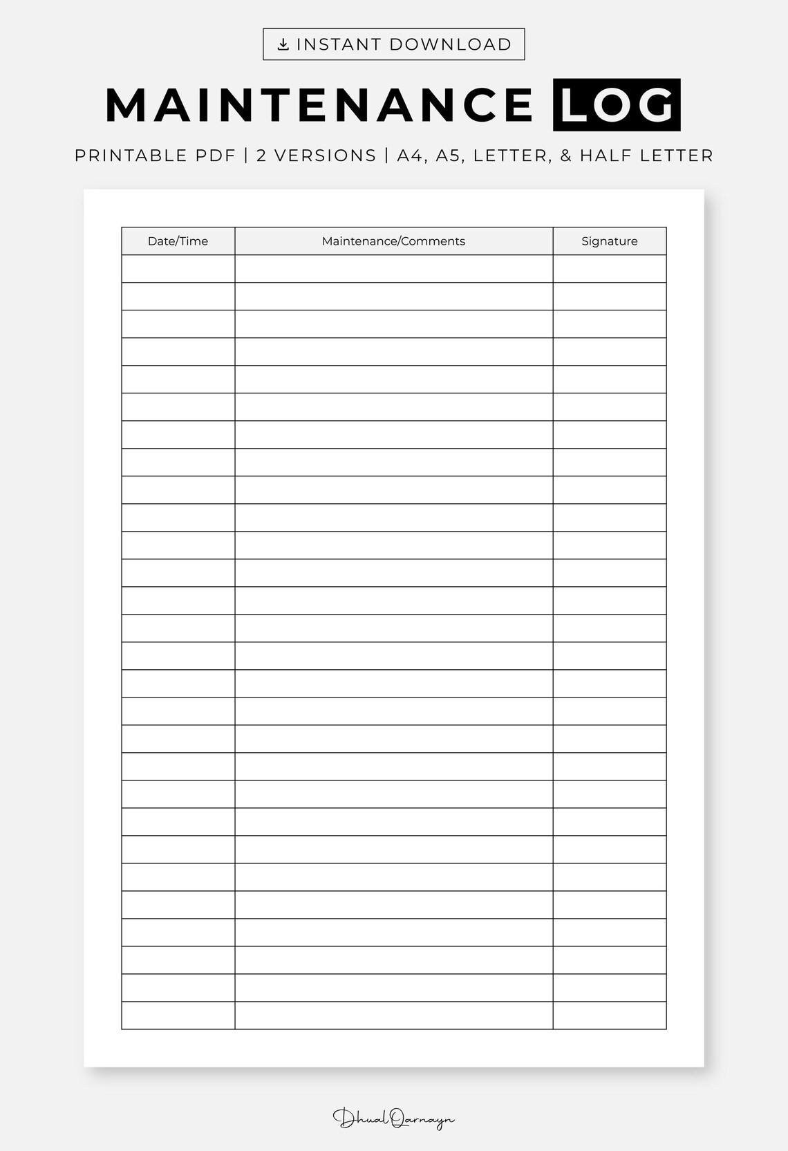 Maintenance Log Printable PDF, A4, A5, Letter, and Half Letter, Instant ...