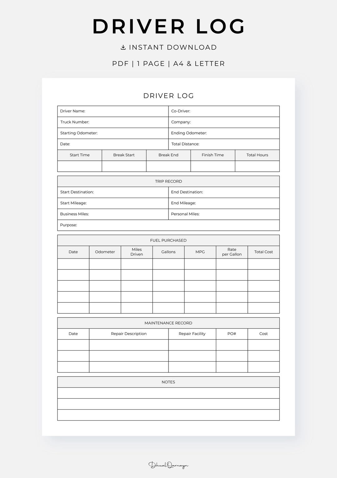 Printable Daily Driver Log, Track Vehicle Details, Trip, Fuel Purchase ...