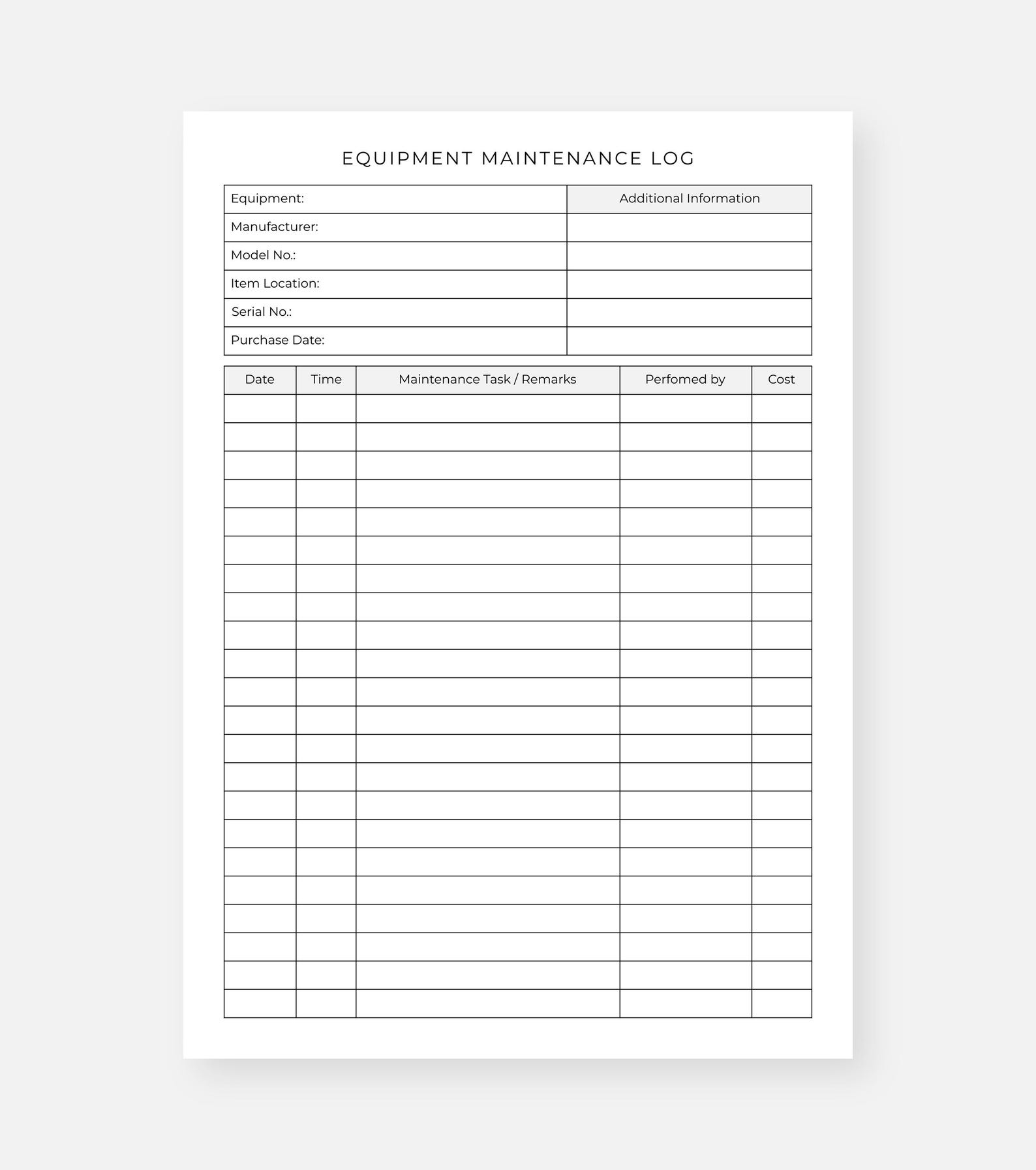 Printable Equipment Maintenance Log, Repairs and Service (PDF, A4 and ...