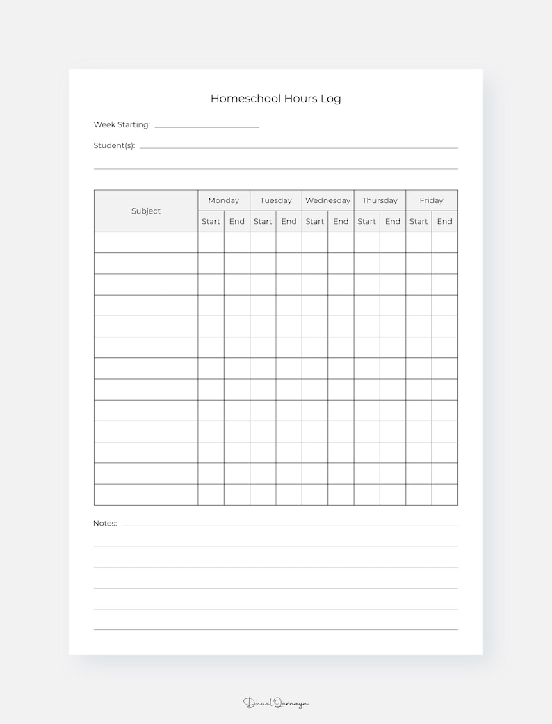 Homeschool Hours Log Printable PDF, Daily Lesson & Time Log, Homeschool ...