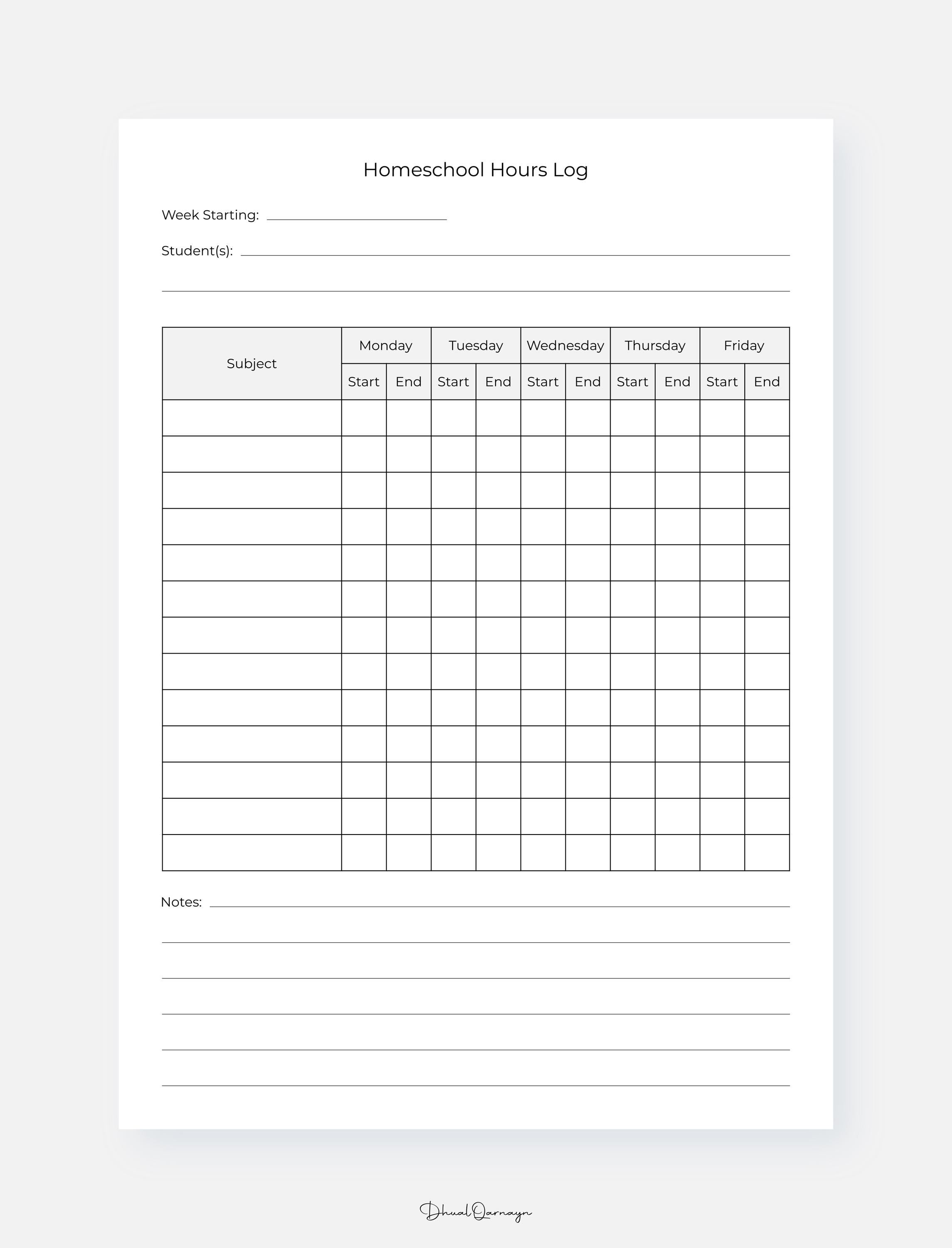 Homeschool Hours Log Printable PDF, Daily Lesson & Time Log, Homeschool ...