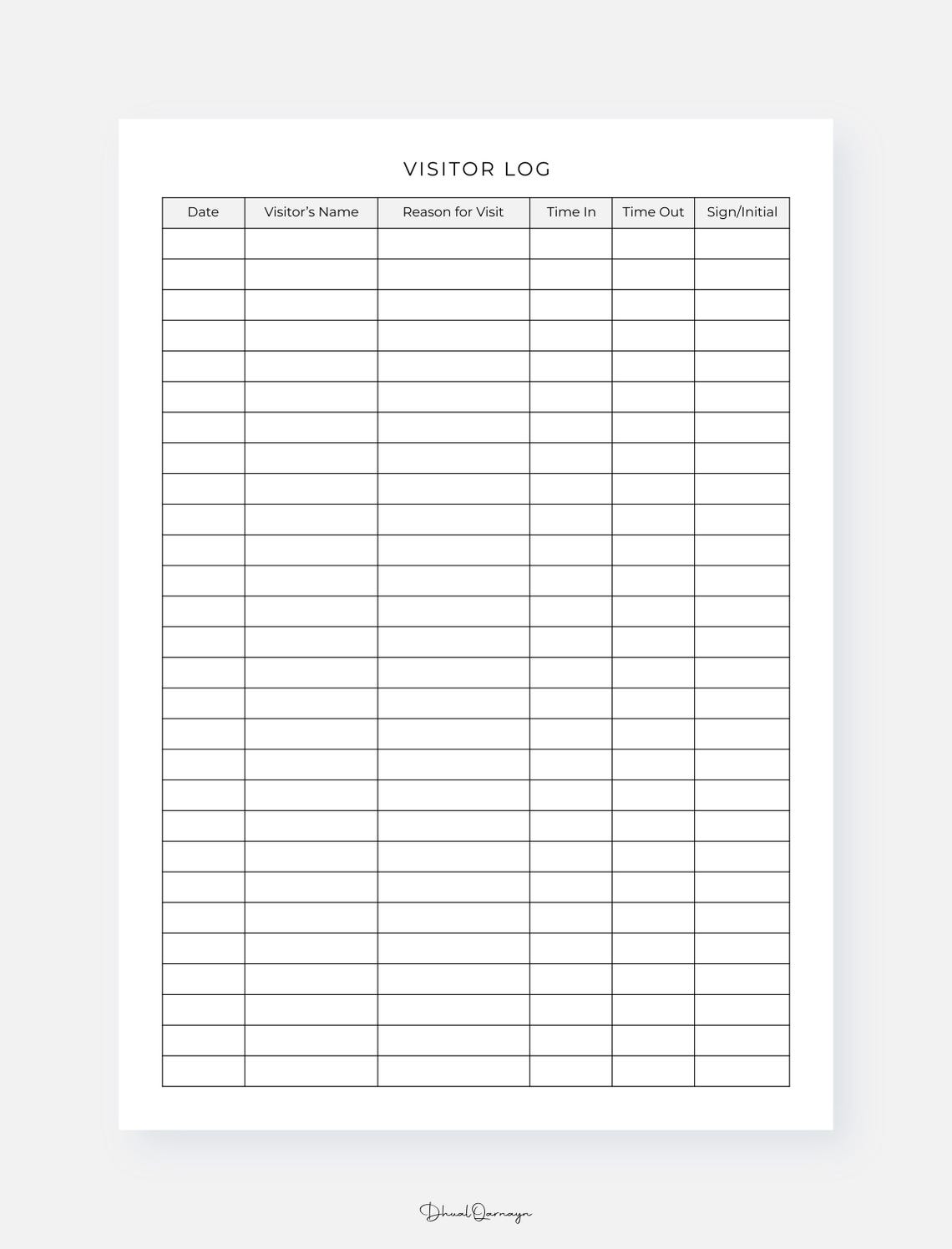 Visitor Log, Printable Visitor Sign in / Sign Out Sheet, PDF, A4/letter ...