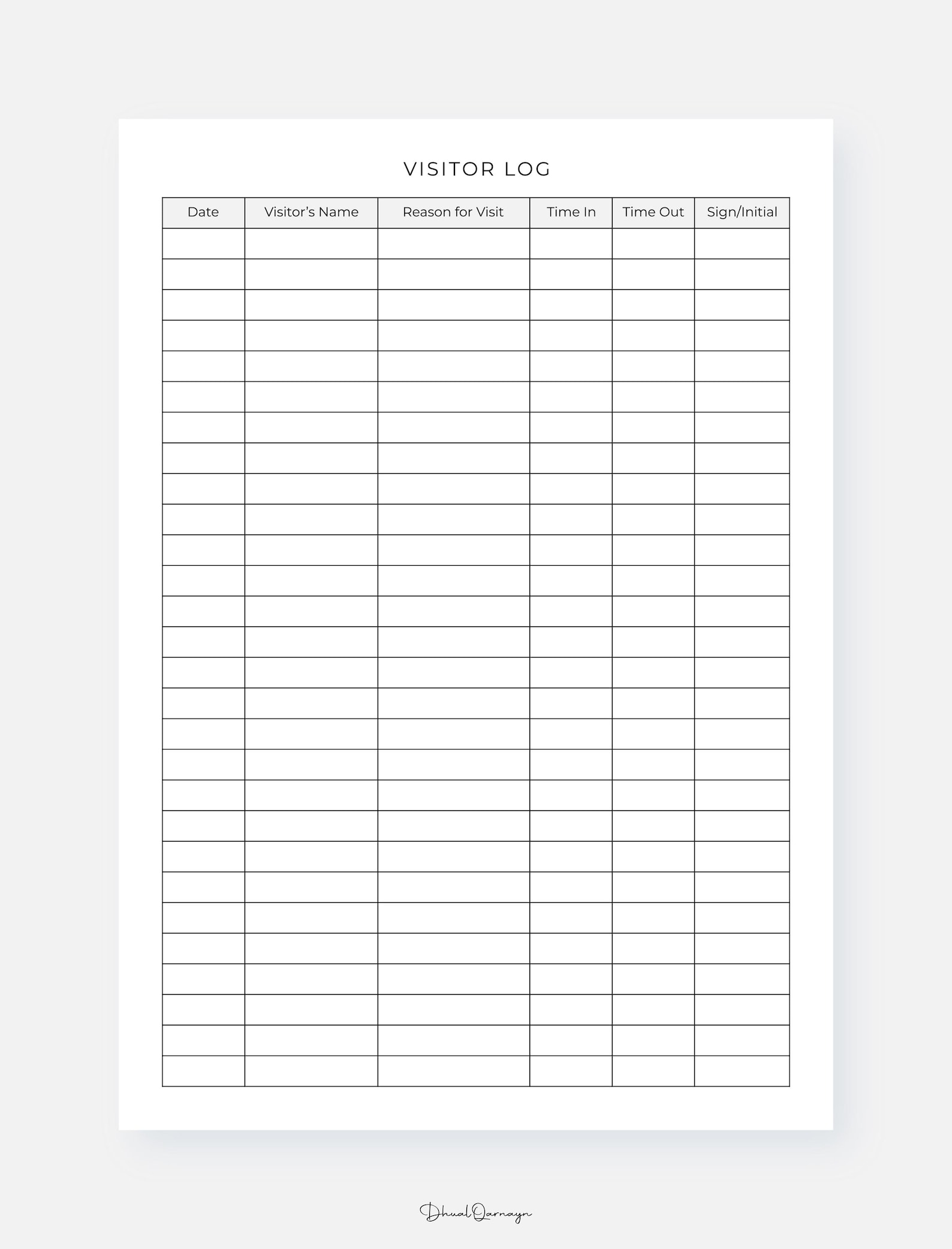 Visitor Log, Printable Visitor Sign in / Sign Out Sheet, PDF, A4/letter ...