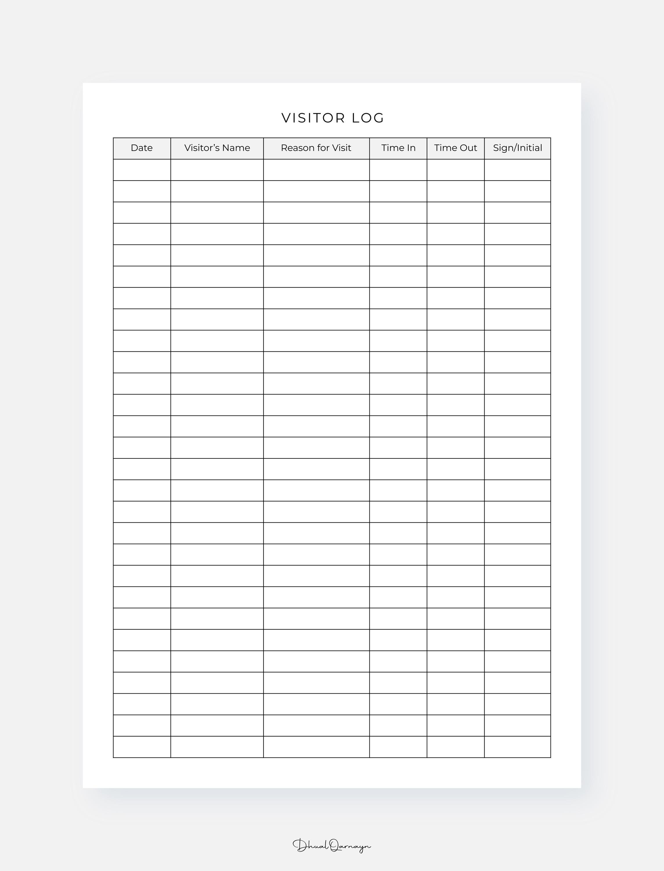 Visitor Log, Printable Visitor Sign in / Sign Out Sheet, PDF, A4/letter ...
