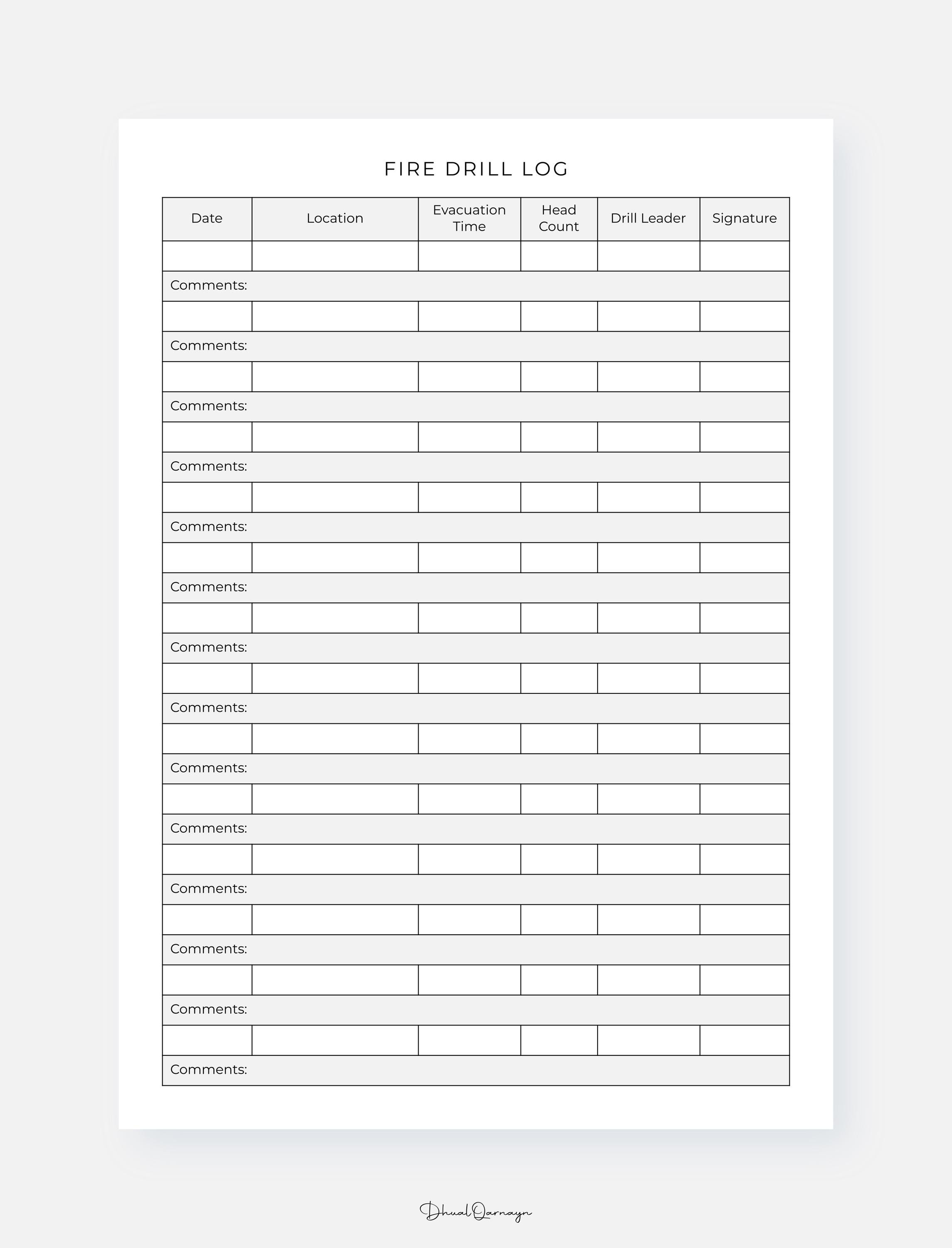 Printable Fire Drill Log, Fire Alarm Safety Organizer & Log for ...