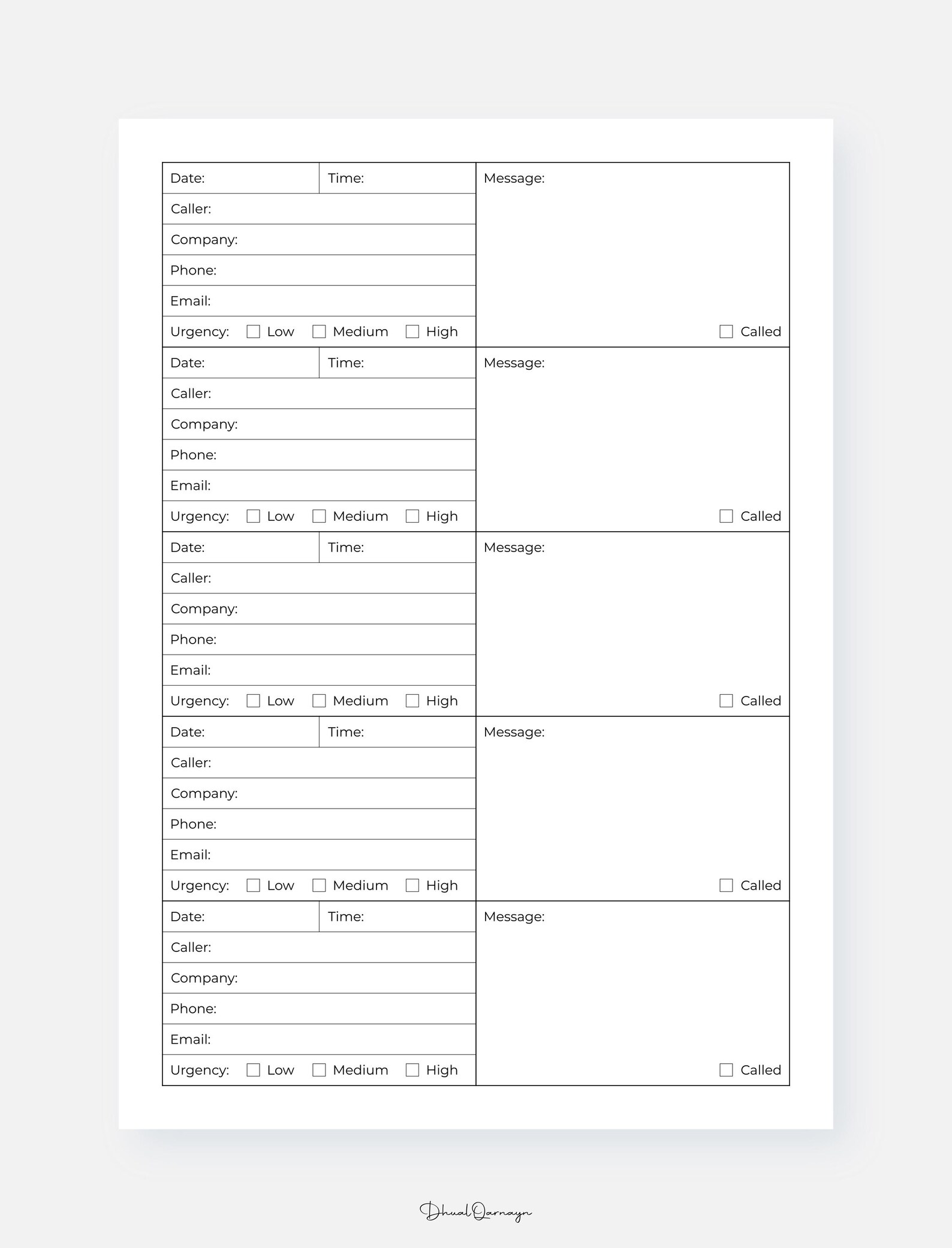 Phone Call Log Printable PDF, Telephone Message Log for Office ...