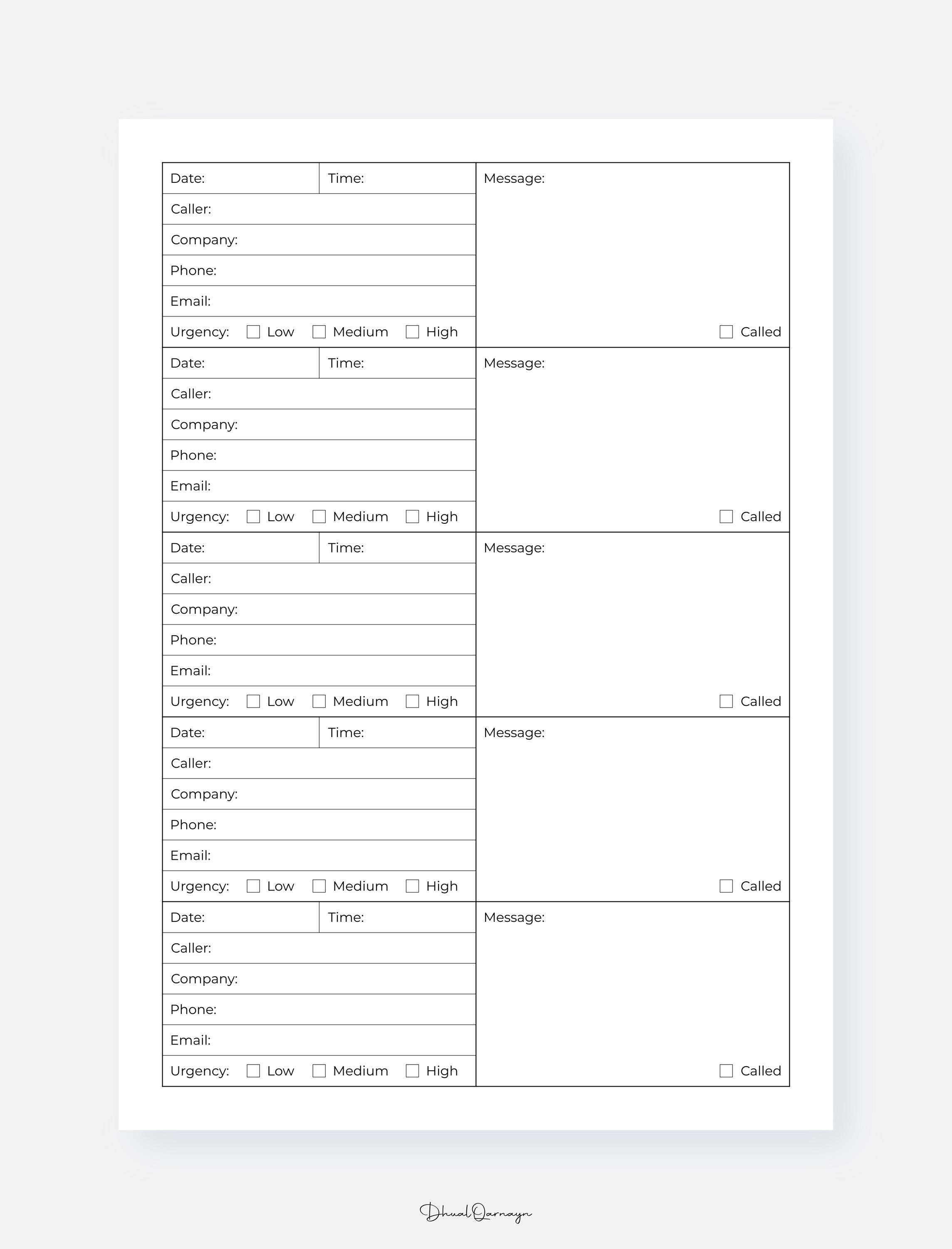 Phone Call Log Printable PDF, Telephone Message Log for Office ...