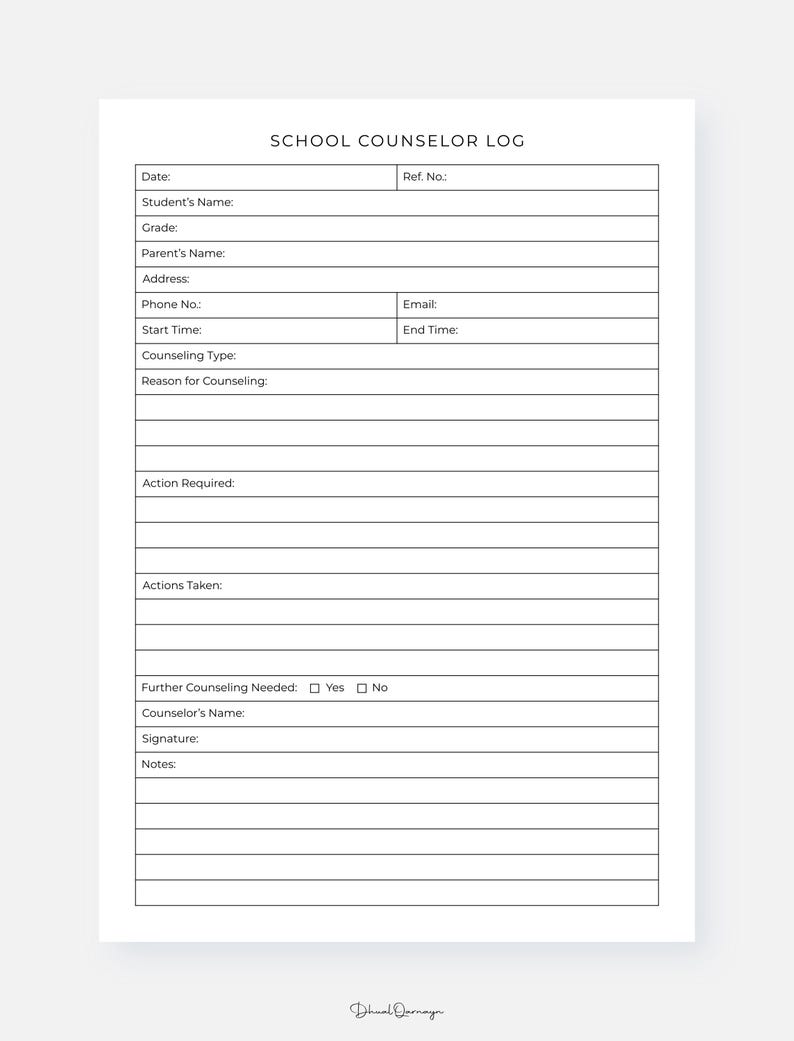 School Counselor Log, Printable Simple Counselling Student Record, PDF ...