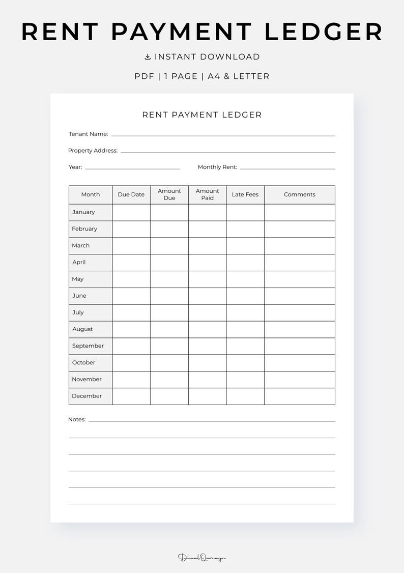 Printable Rent Payment Ledger, PDF Rental Payment Tracker, A4/letter ...