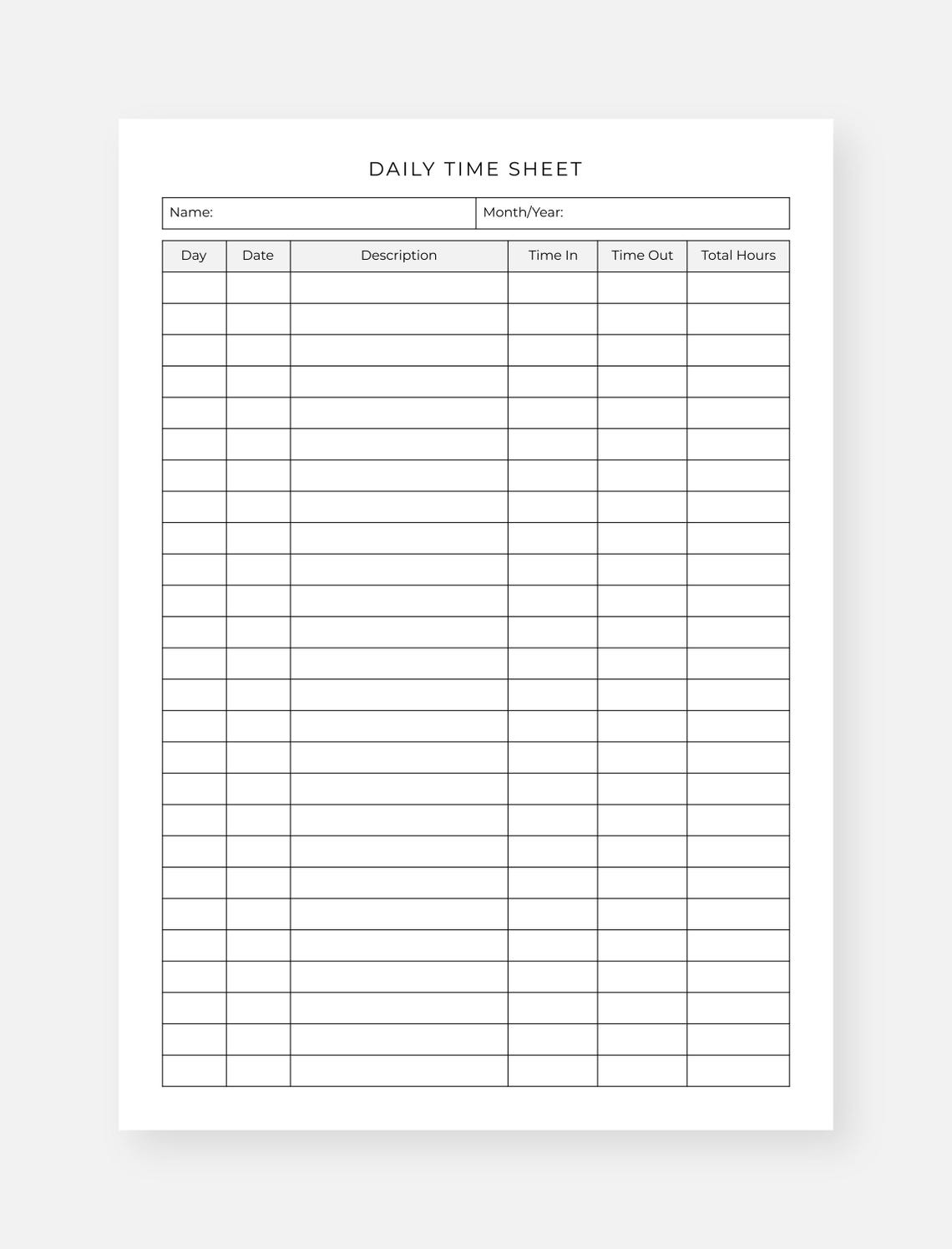 Printable Daily Time Sheet, Work Hours Log, Timekeeping Sheet, PDF, A4 ...