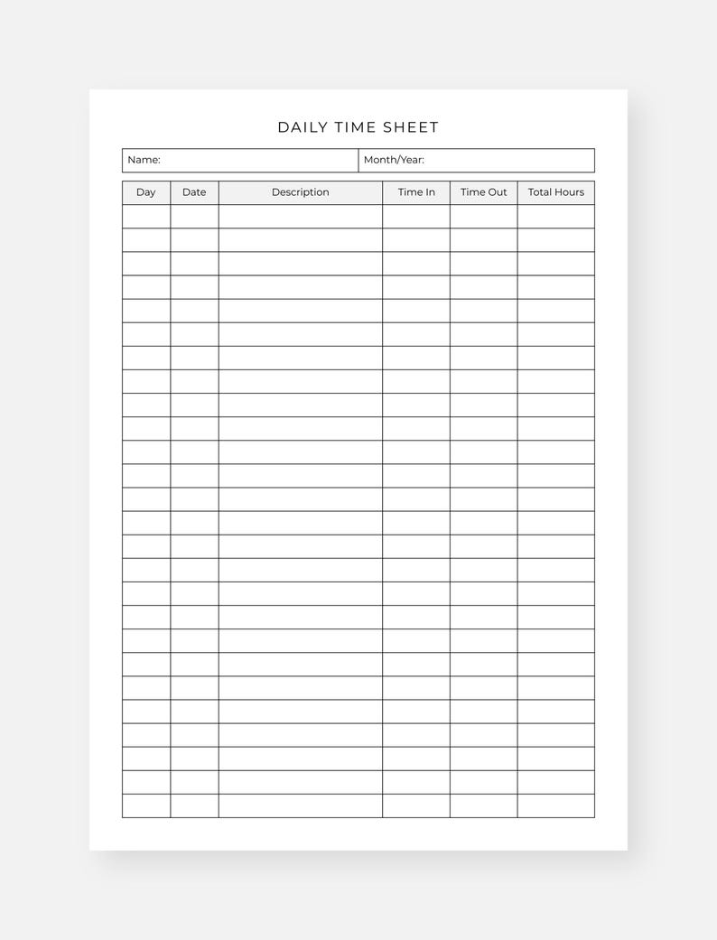 Printable Daily Time Sheet, Work Hours Log, Timekeeping Sheet, PDF, A4 ...