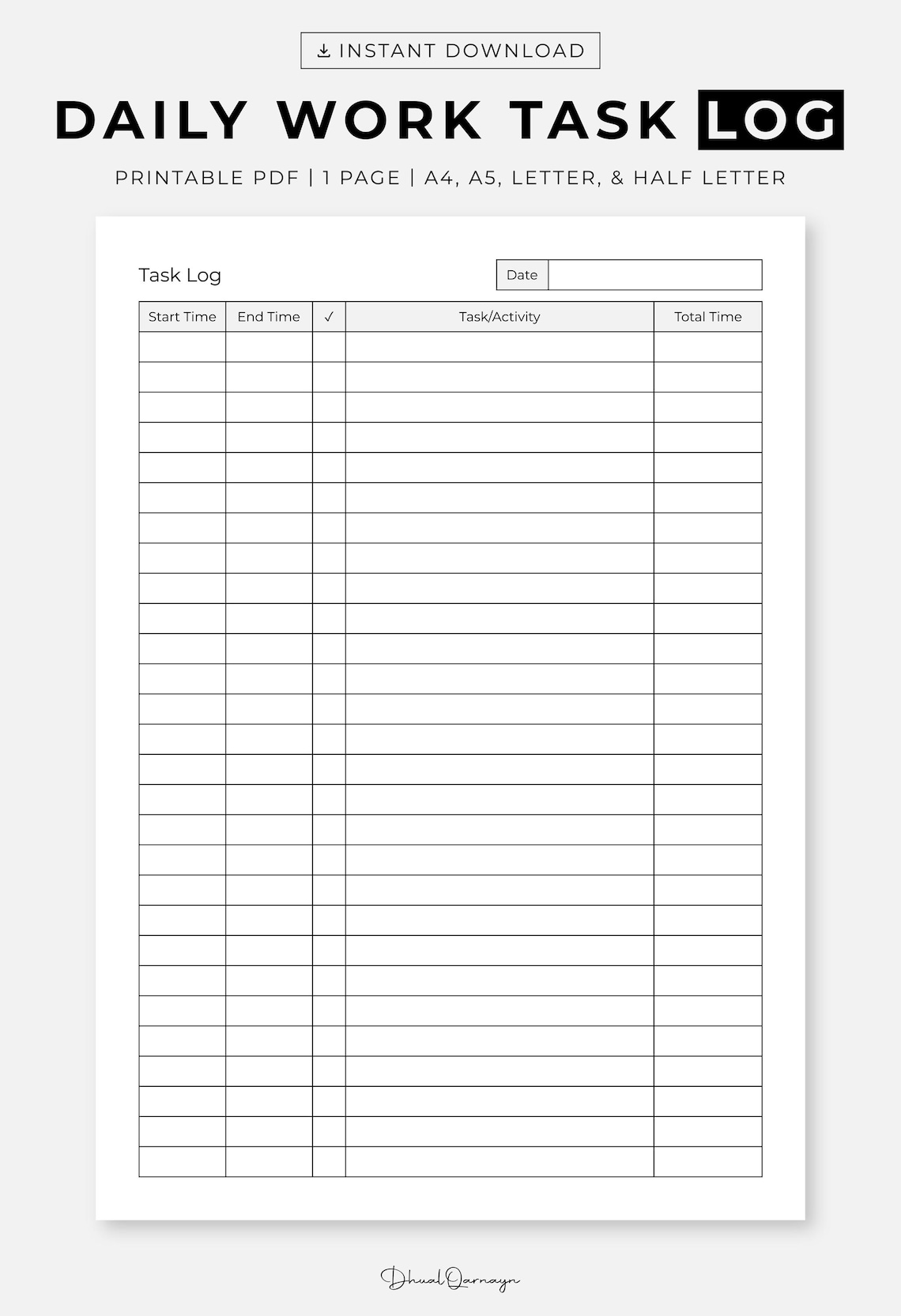 Daily Work Task Log Printable PDF, Time Management Tracker for ...