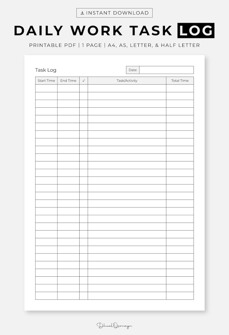 Daily Work Task Log Printable PDF, Time Management Tracker for ...