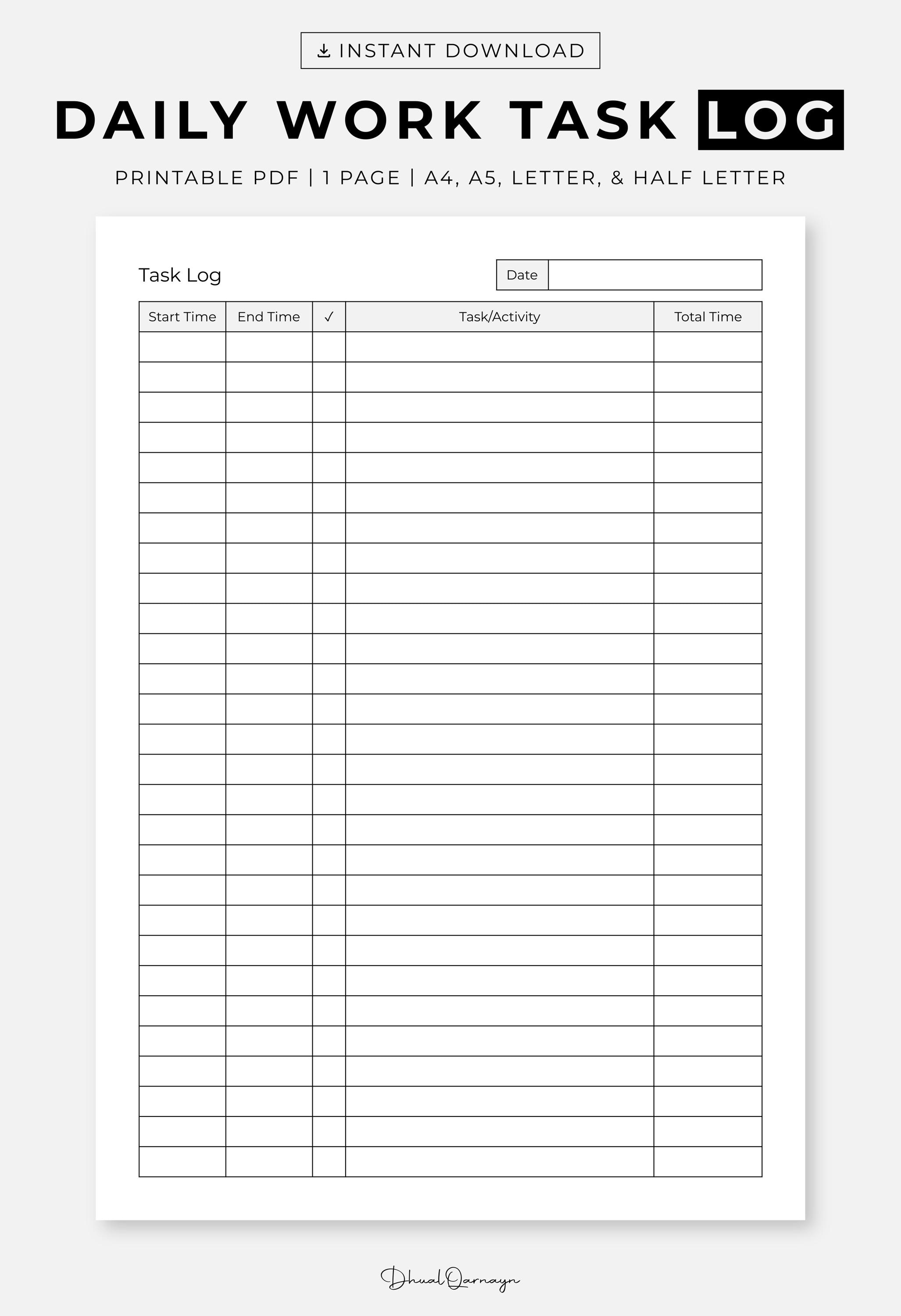Daily Work Task Log Printable PDF, Time Management Tracker for ...