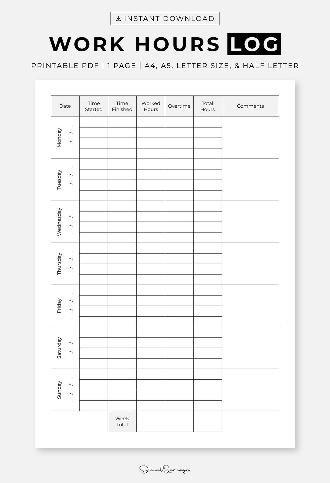Work Hours Log Printable, Working Hours Tracker, Work Schedule Planner ...