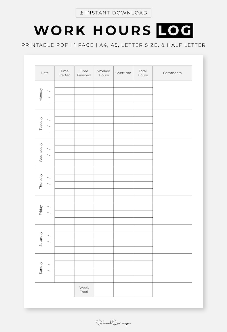 Work Hours Log Printable, Working Hours Tracker, Work Schedule Planner ...