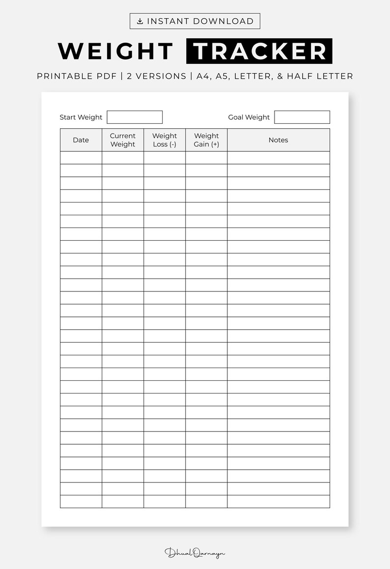 Weight Tracker Printable PDF, Weight Loss Log to Record & Monitor Your ...