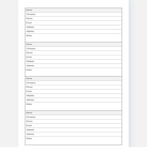 Business Contact Printable, Address Log With Phone, Email, Company, and ...