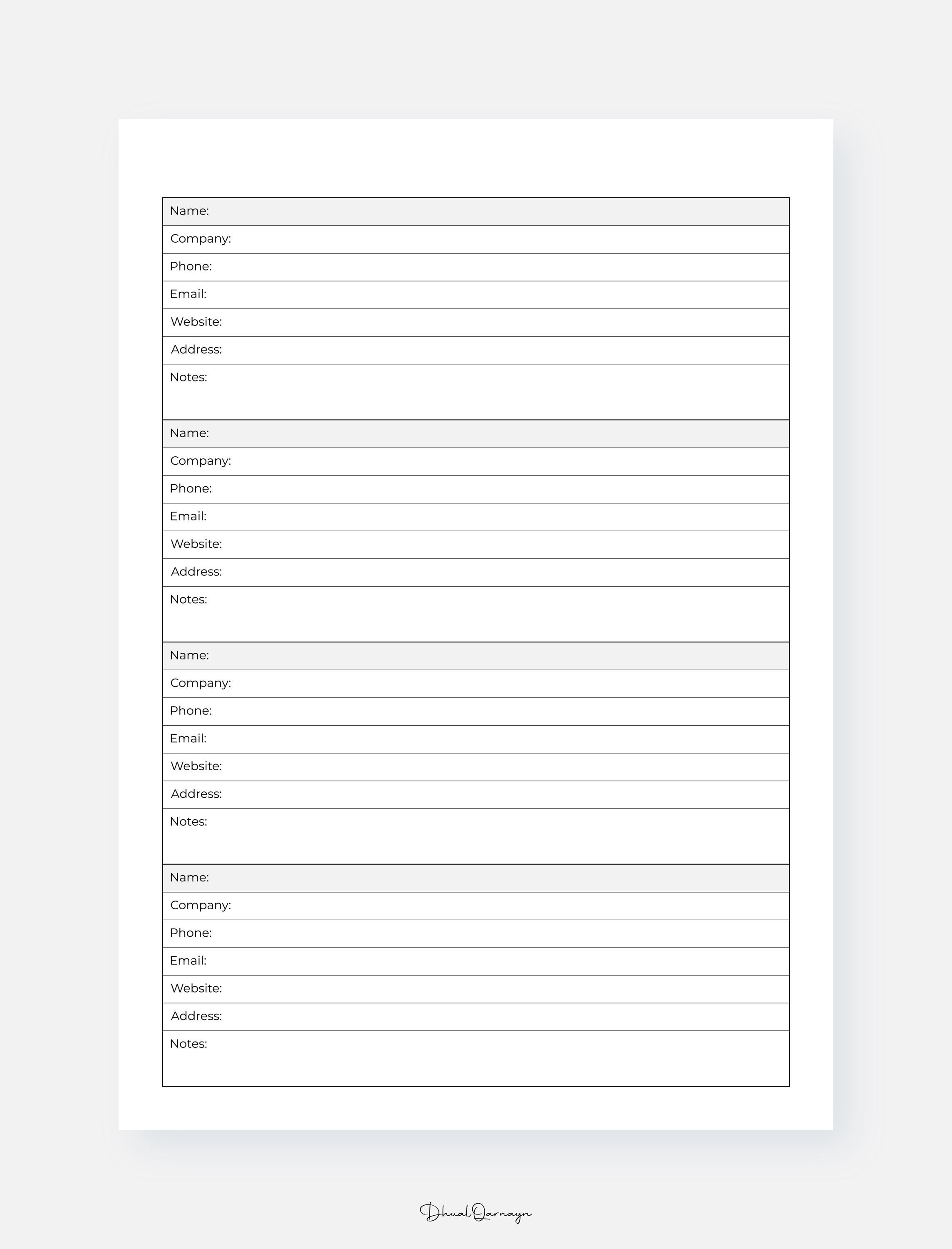 Business Contact Printable, Address Log With Phone, Email, Company, and ...