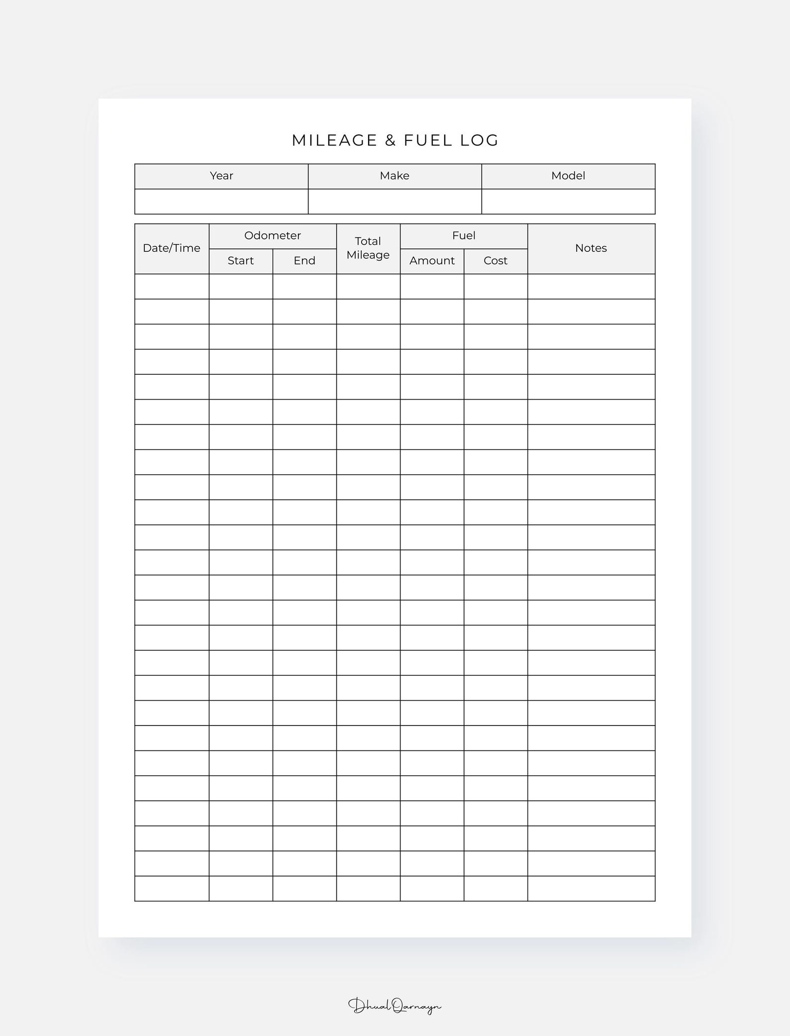 Mileage & Fuel Log, Printable Vehicle Mileage and Fuel Expenses ...