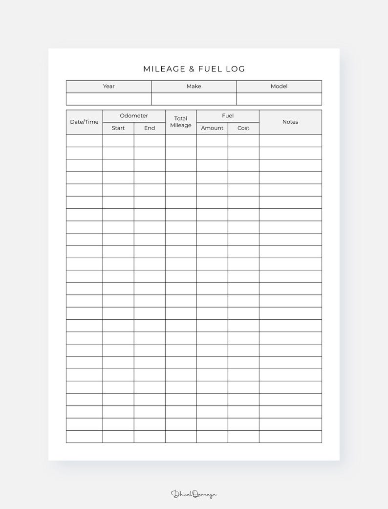Mileage & Fuel Log, Printable Vehicle Mileage and Fuel Expenses ...