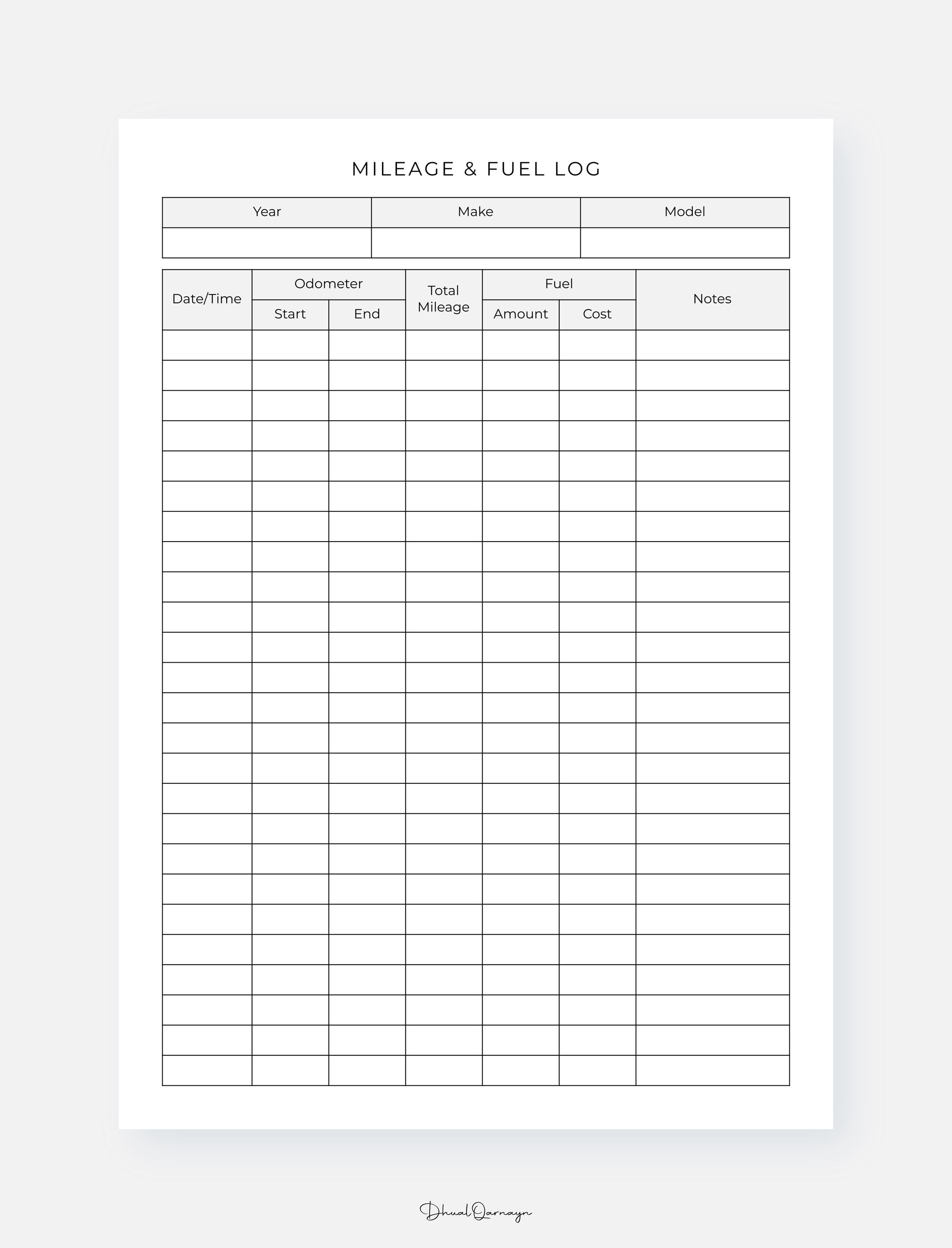 Mileage & Fuel Log, Printable Vehicle Mileage and Fuel Expenses ...