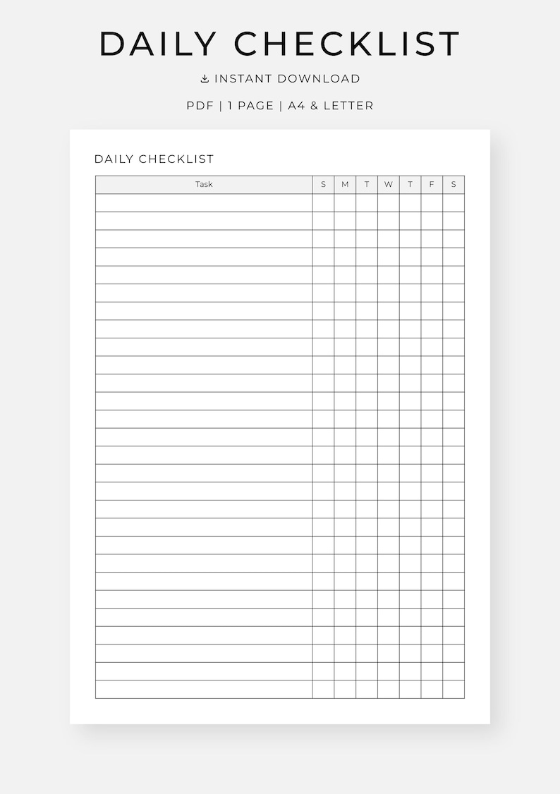 Daily Checklist Printable, Minimalist Weekly Task Planner, PDF, A4 ...