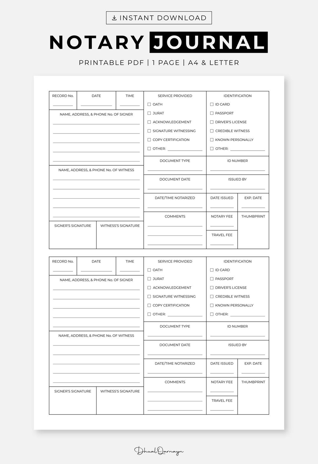 Notary Journal Printable PDF, Official Notary Log Book to Record ...