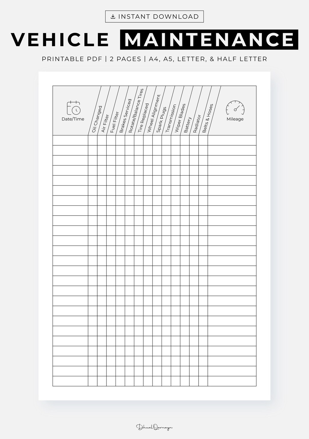 Vehicle Maintenance Log Printable PDF, Repair & Service Record for Cars ...