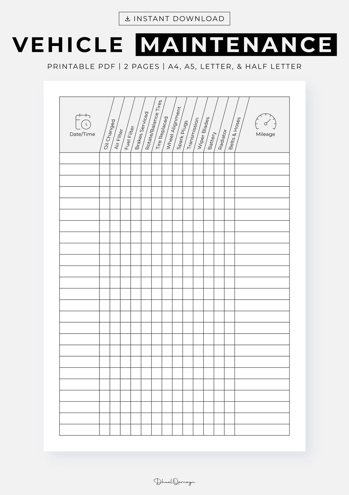 Vehicle Maintenance Log Printable PDF, Repair & Service Record for Cars ...