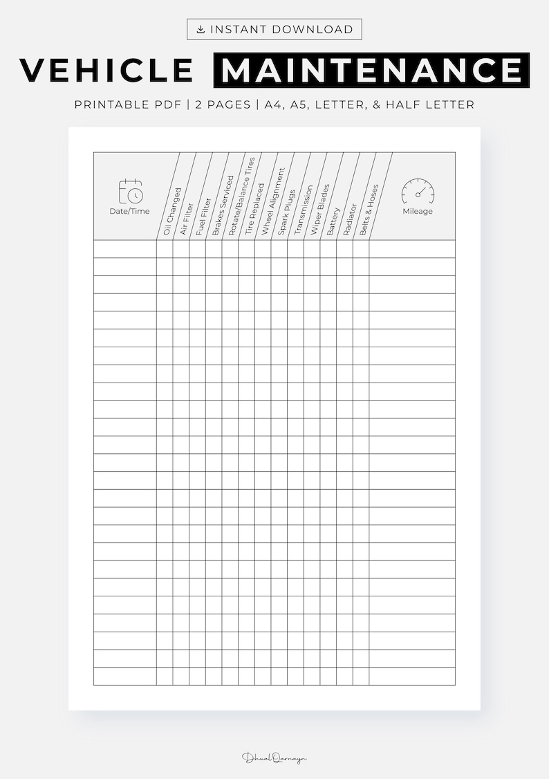 Vehicle Maintenance Log Printable PDF, Repair & Service Record for Cars ...