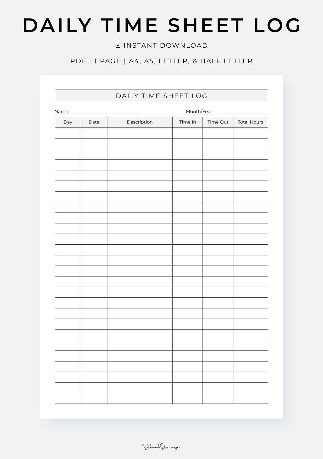 Daily Time Sheet Log Printable PDF, Daily Employee Time Sheet, Work ...