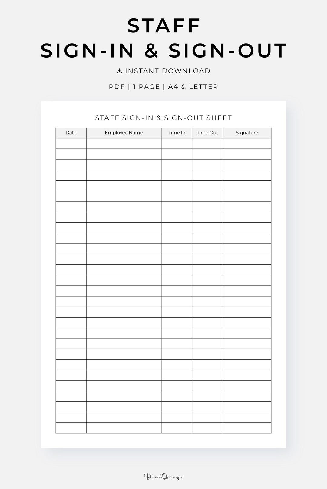 Staff Sign-in & Sign-out Sheet Printable, PDF, A4/letter, Instant ...