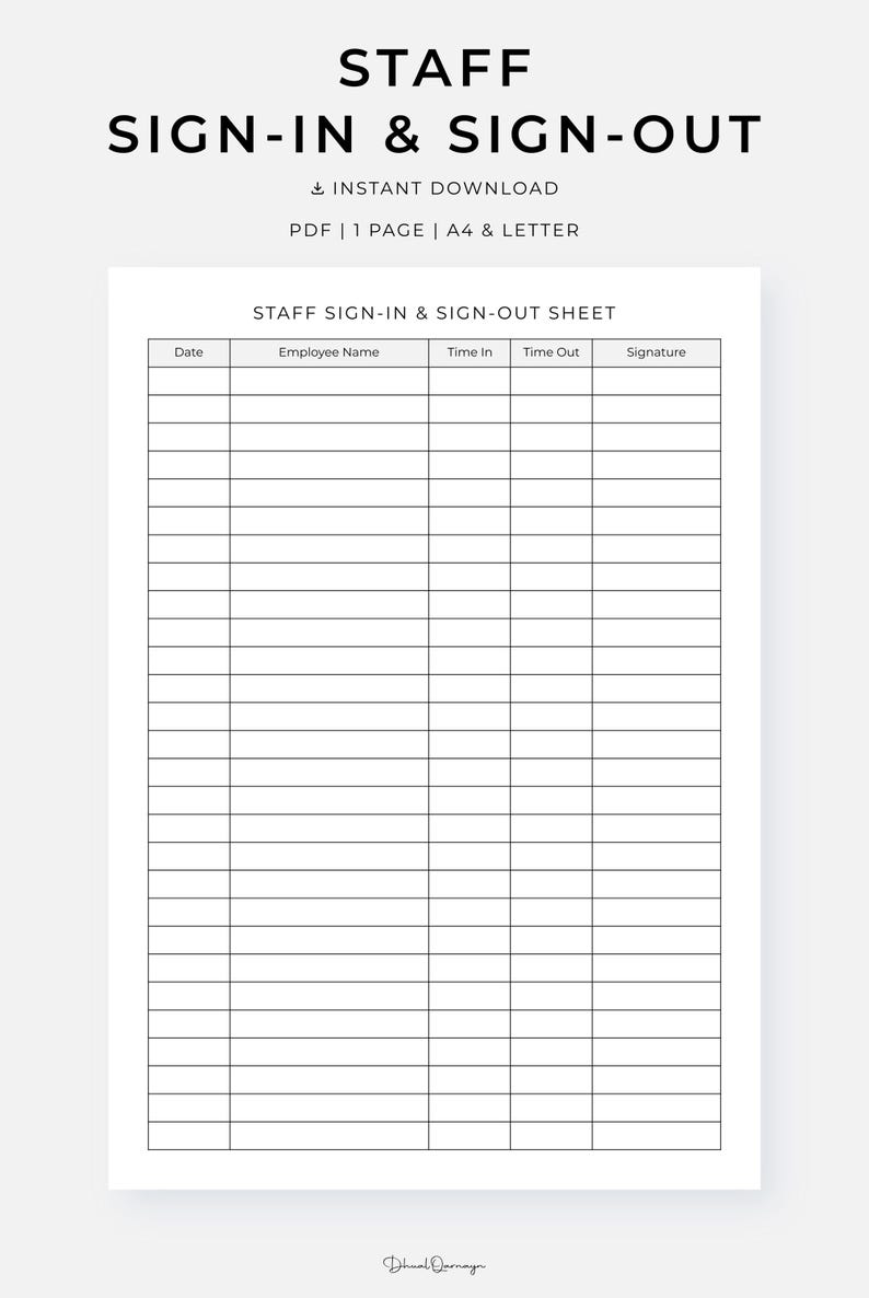 Staff Sign-in & Sign-out Sheet Printable, PDF, A4/letter, Instant ...